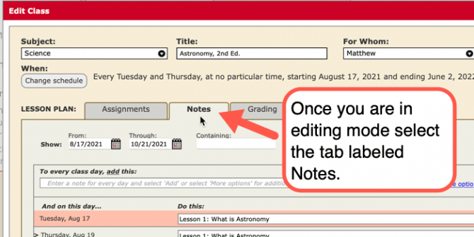 Adding Notes to Assignments - Homeschool Planet