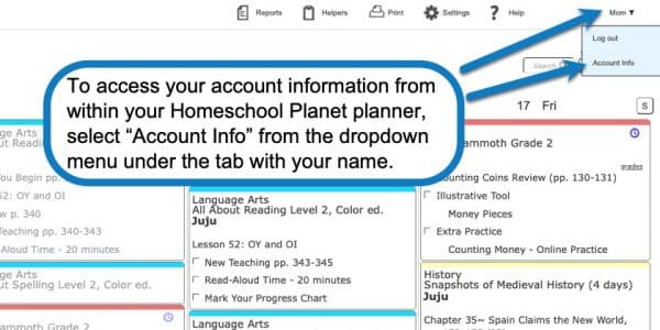 Accessing Account Info - Homeschool Planet
