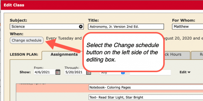 Changing the End Date of a Class - Homeschool Planet