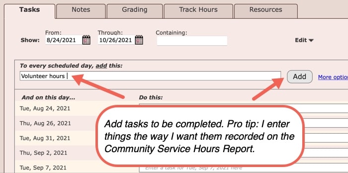Adding Community Service Hours - Homeschool Planet